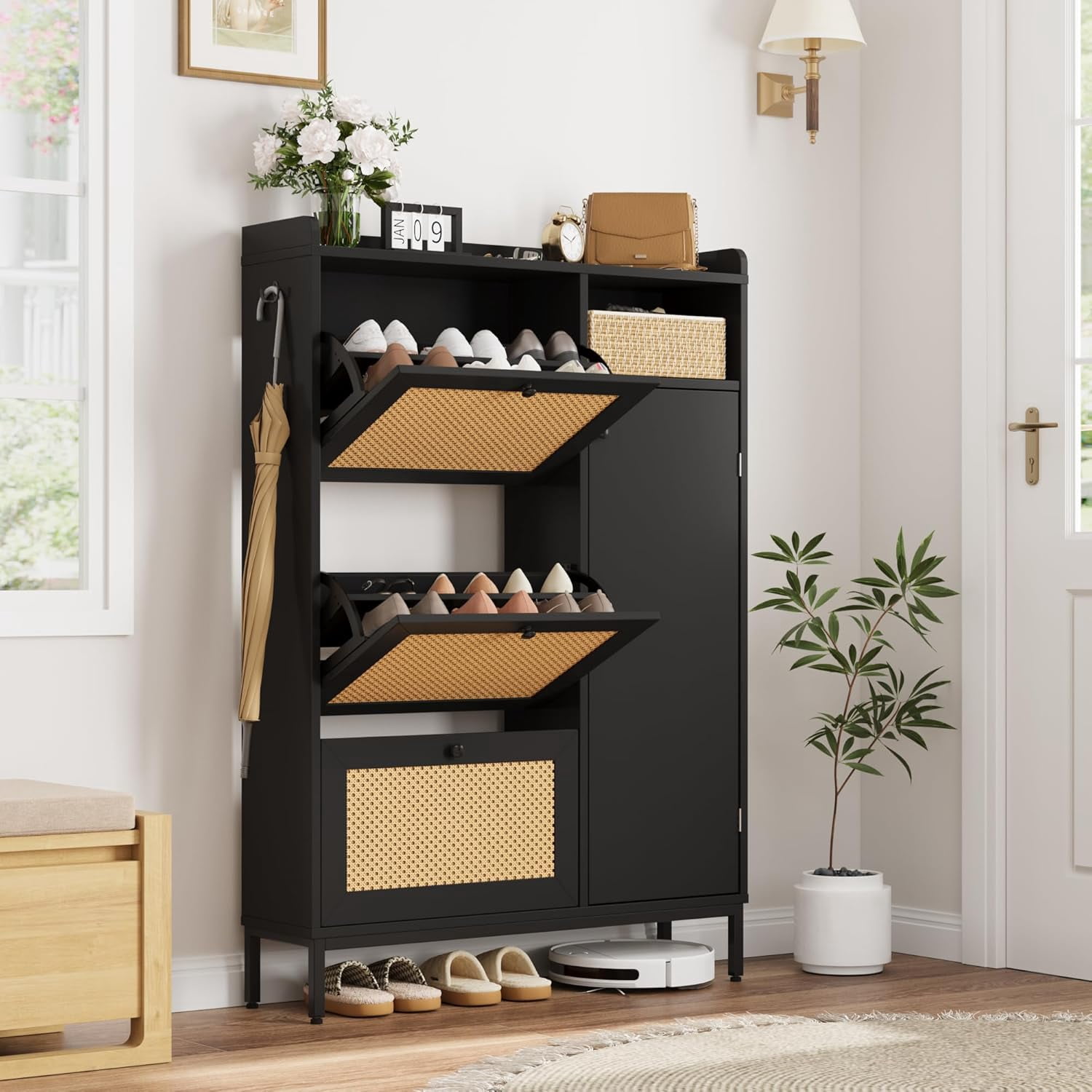 YUSAZENS Rattan Shoe Storage Cabinet with Doors and 3 Flip Drawers ...