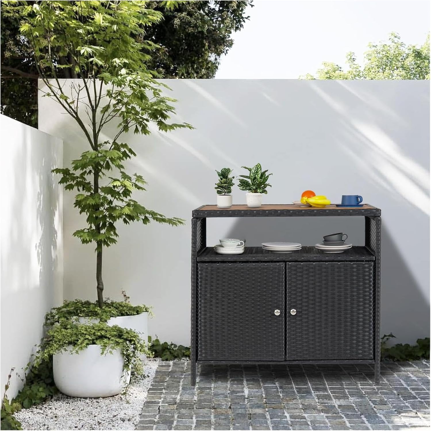 YUSAZENS Versatile Outdoor Wicker Storage Cabinet with Weather ...