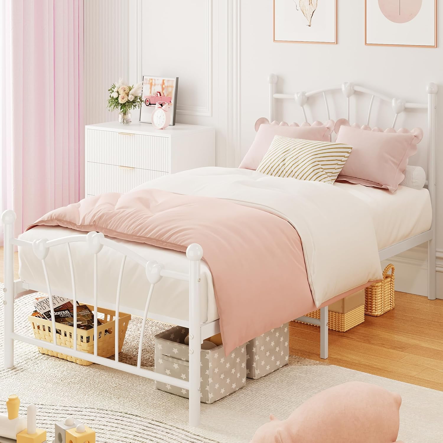 YUSAZENS White Twin Bed Frame for Girls, Metal Bed with Heart-Shaped ...