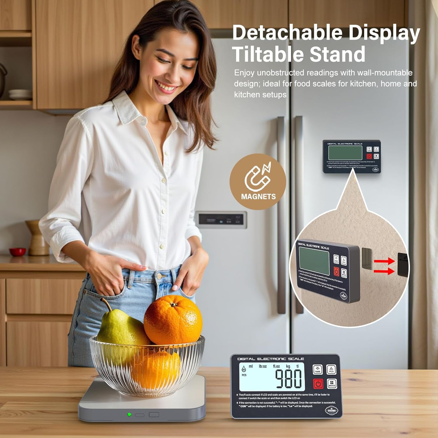 YUSHI-Digital Kitchen Food Scale with Gram & Ounce, Detachable LCD Display (Wall-Mount & Tilt ...