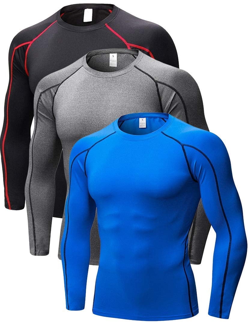 YUSHOW 3 Pack Mens Compression Shirts Long Sleeve Workout Cool Dry ...