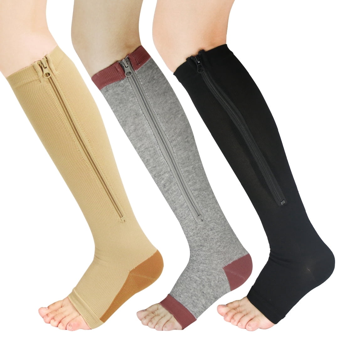 YUSHOW Zipper Compression Socks, 3 Pairs Women's Open Toe Knee High ...