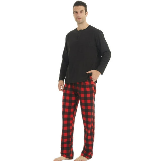 YUSHOW Men's Long Sleeve Fleece Pajamas Set, Plaid Lounge Pants, Size M ...