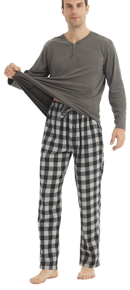 YUSHOW Men's Lounge Sleepwear Set: Warm Fleece Henley Top & Flannel ...