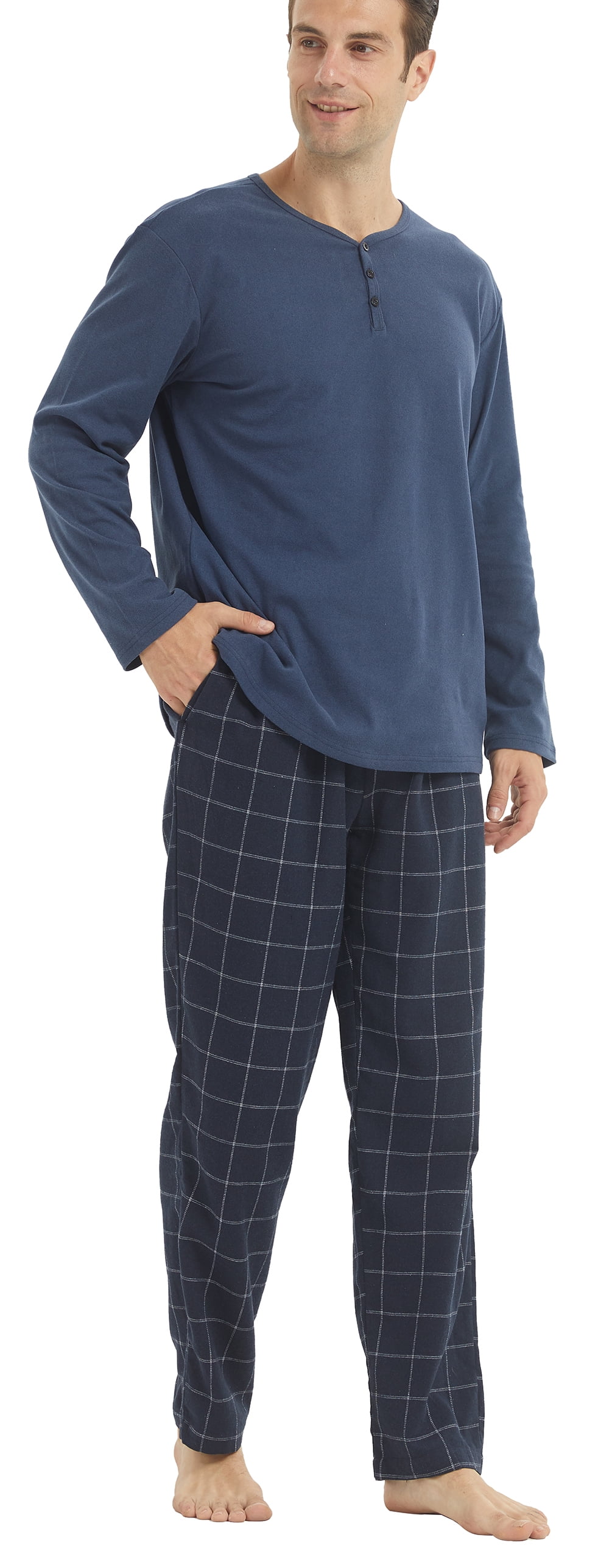 YUSHOW Men's Winter Pajama Set, Warm Fleece Henley Top & Flannel Plaid ...