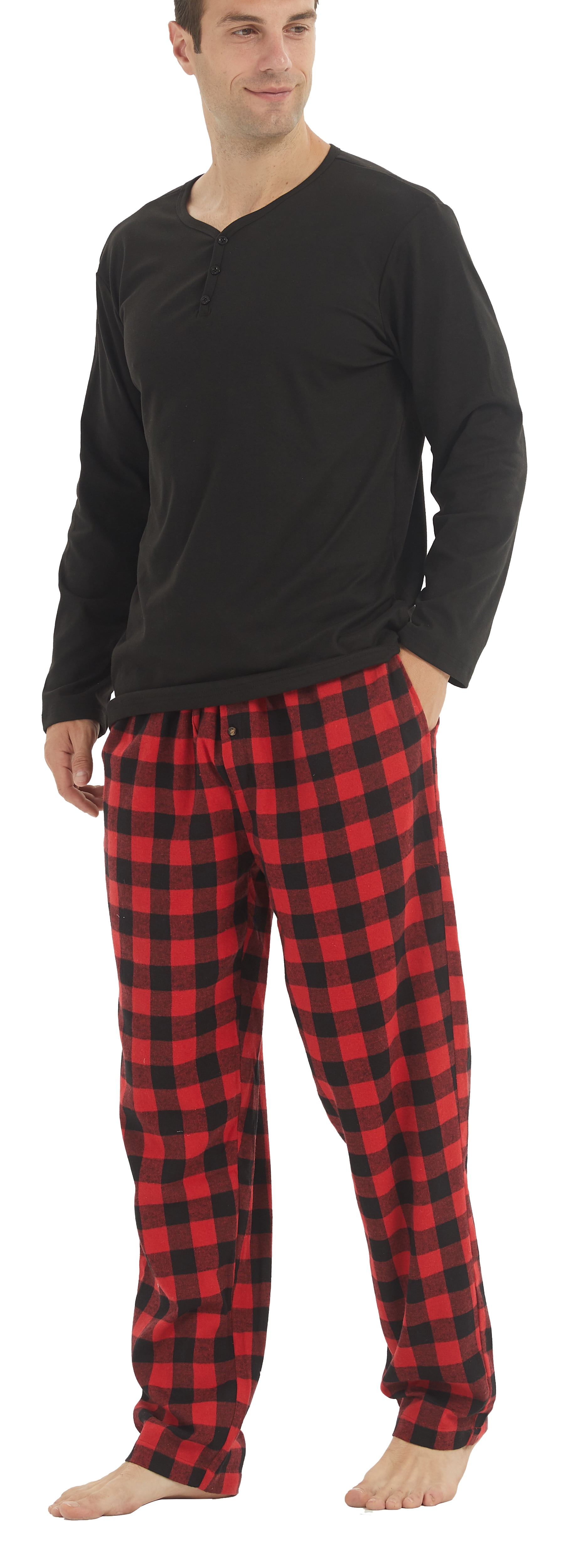YUSHOW Men's Winter Pajamas Set, Fleece Henley Top, Flannel Plaid ...