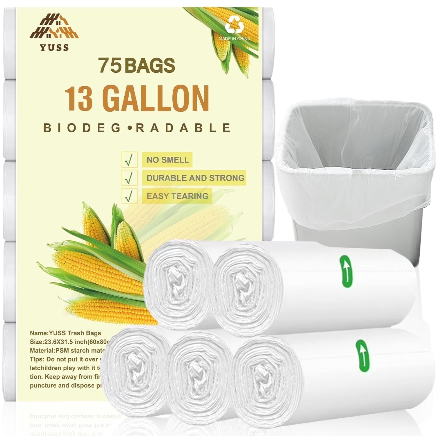 YUSS 13 Gallon Trash Bags Tall Kitchen Garbage Bags Strong,75 Count ...