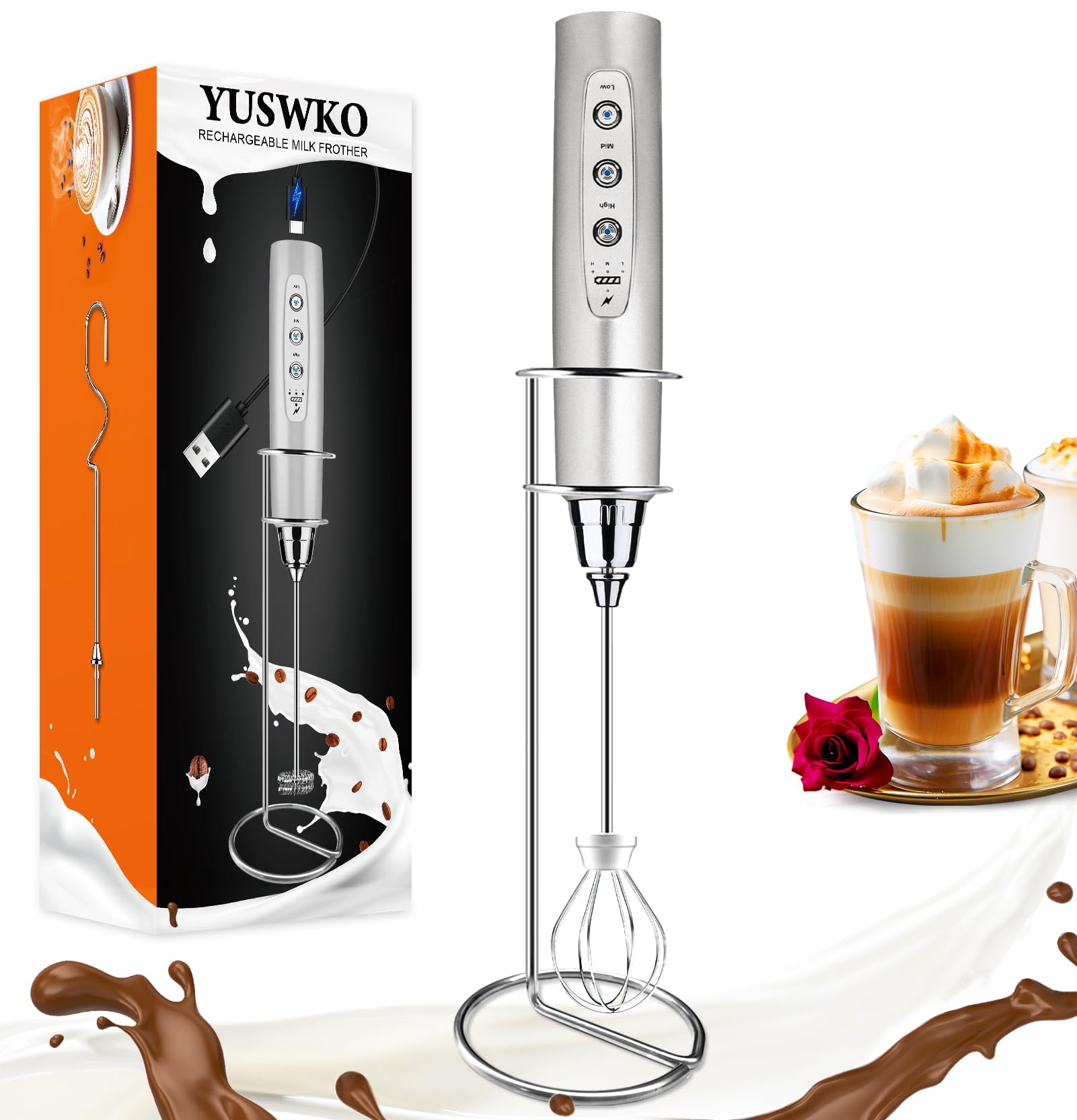 YUSWKO Silver Rechargeable Milk Frother for Coffee with Stand, Handheld ...