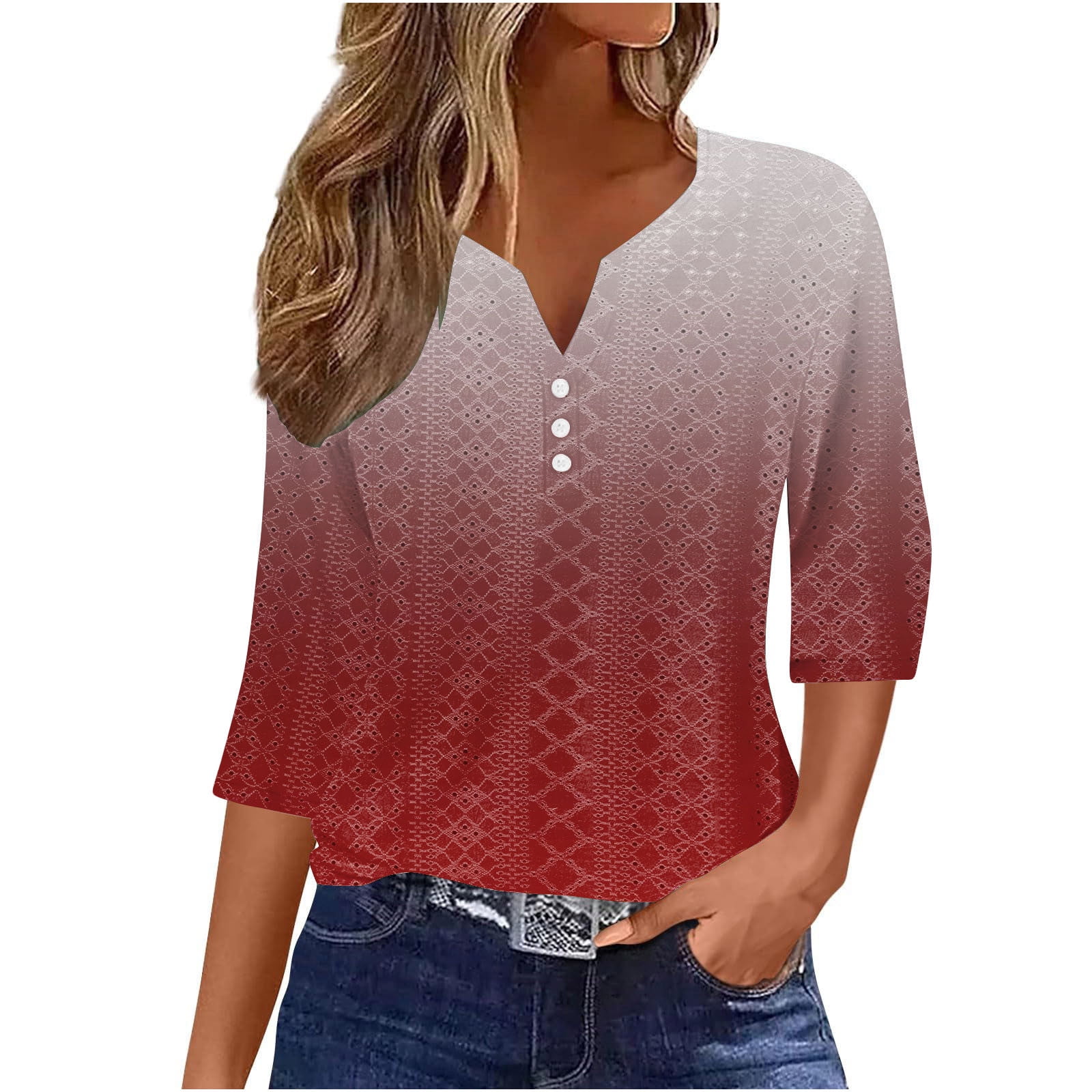 YUTK Womens Plus Size Tops Sale Ladies' Loose Casual Gradient V-Neck 3/ ...