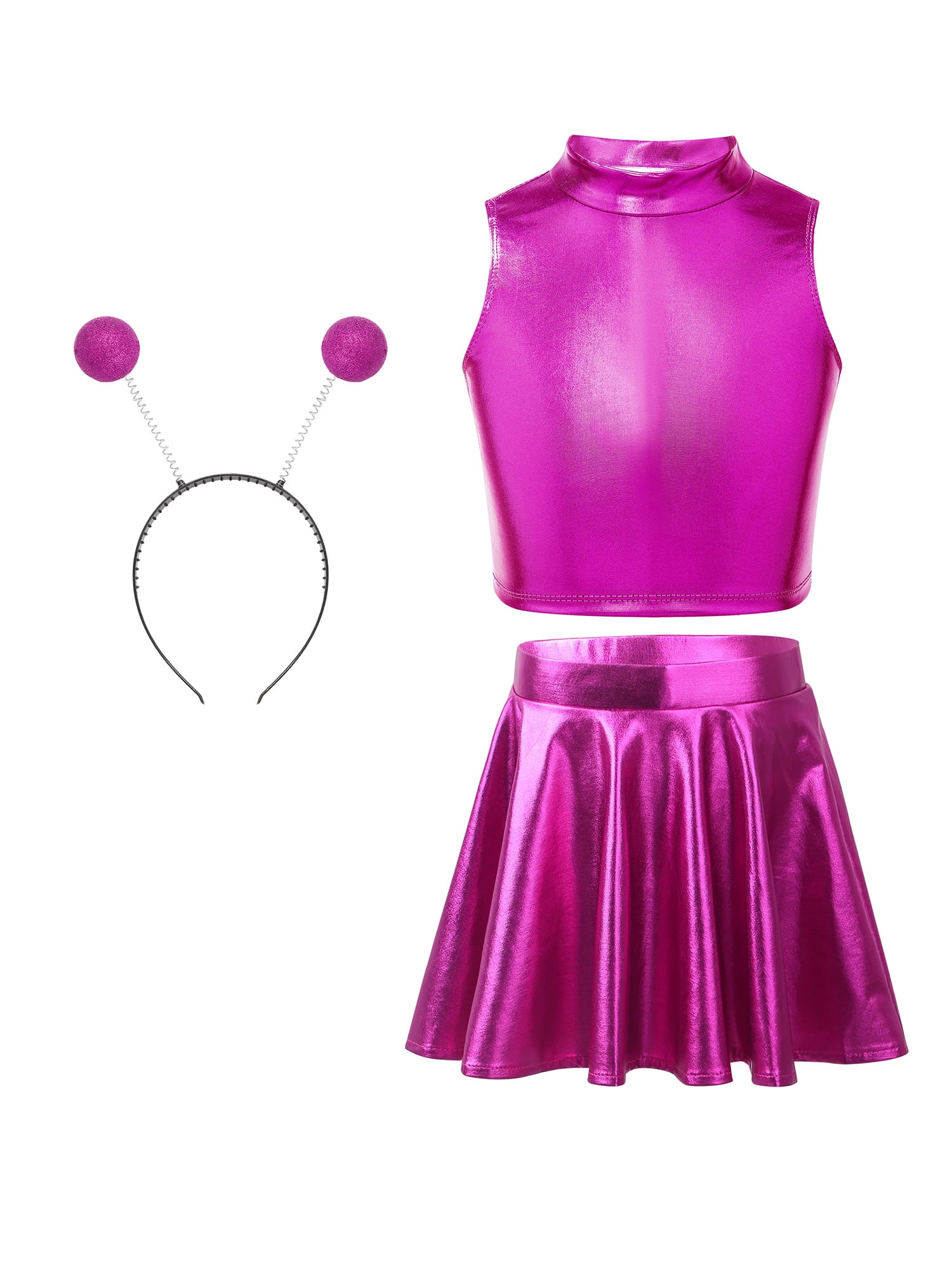 YUUMIN Girls Alien Costume Metallic Crop Top with Pleated Skirts Feeler ...