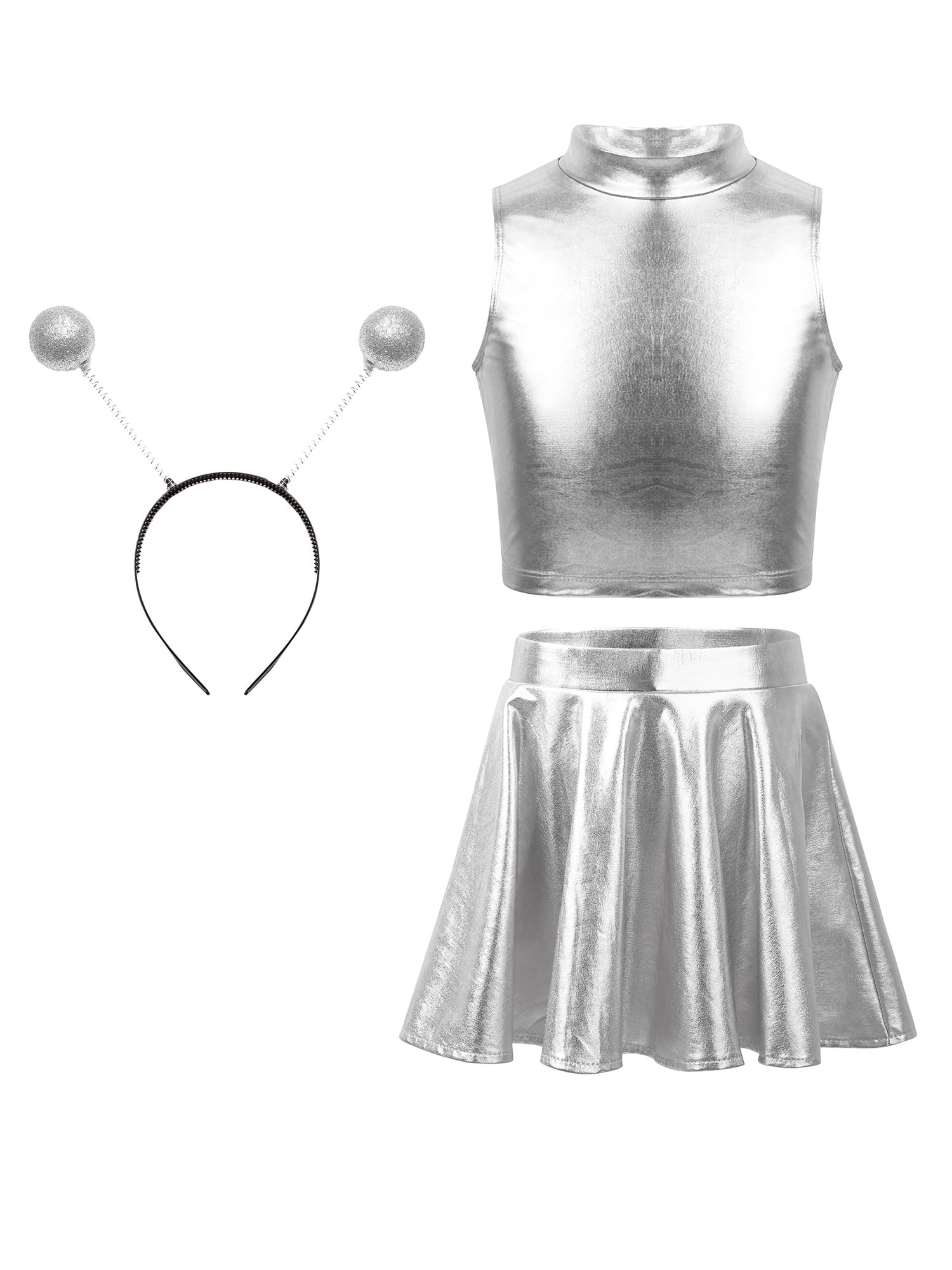 YUUMIN Girls Alien Costume Metallic Crop Top with Pleated Skirts Feeler ...