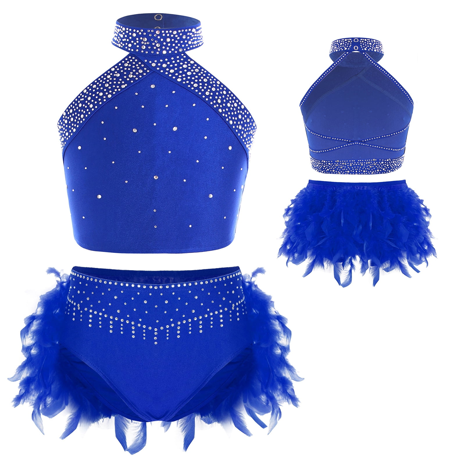 YUUMIN Girls Jazz Latin Dance Outfits Halter Crop Top with Feather ...