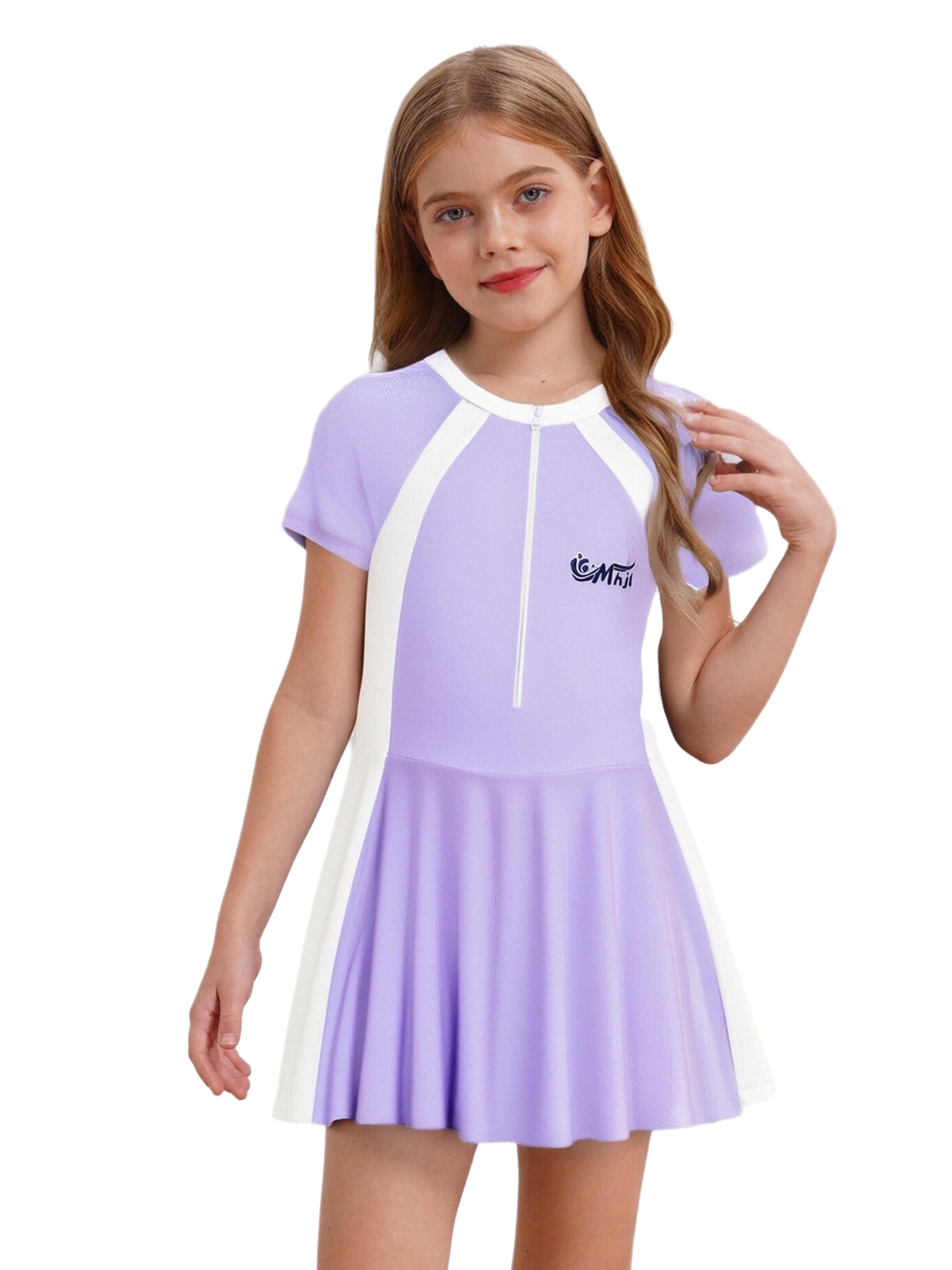 YUUMIN Girls Short Sleeve Swim Dress Front Zippy Padded Swimsuit UPF50 ...