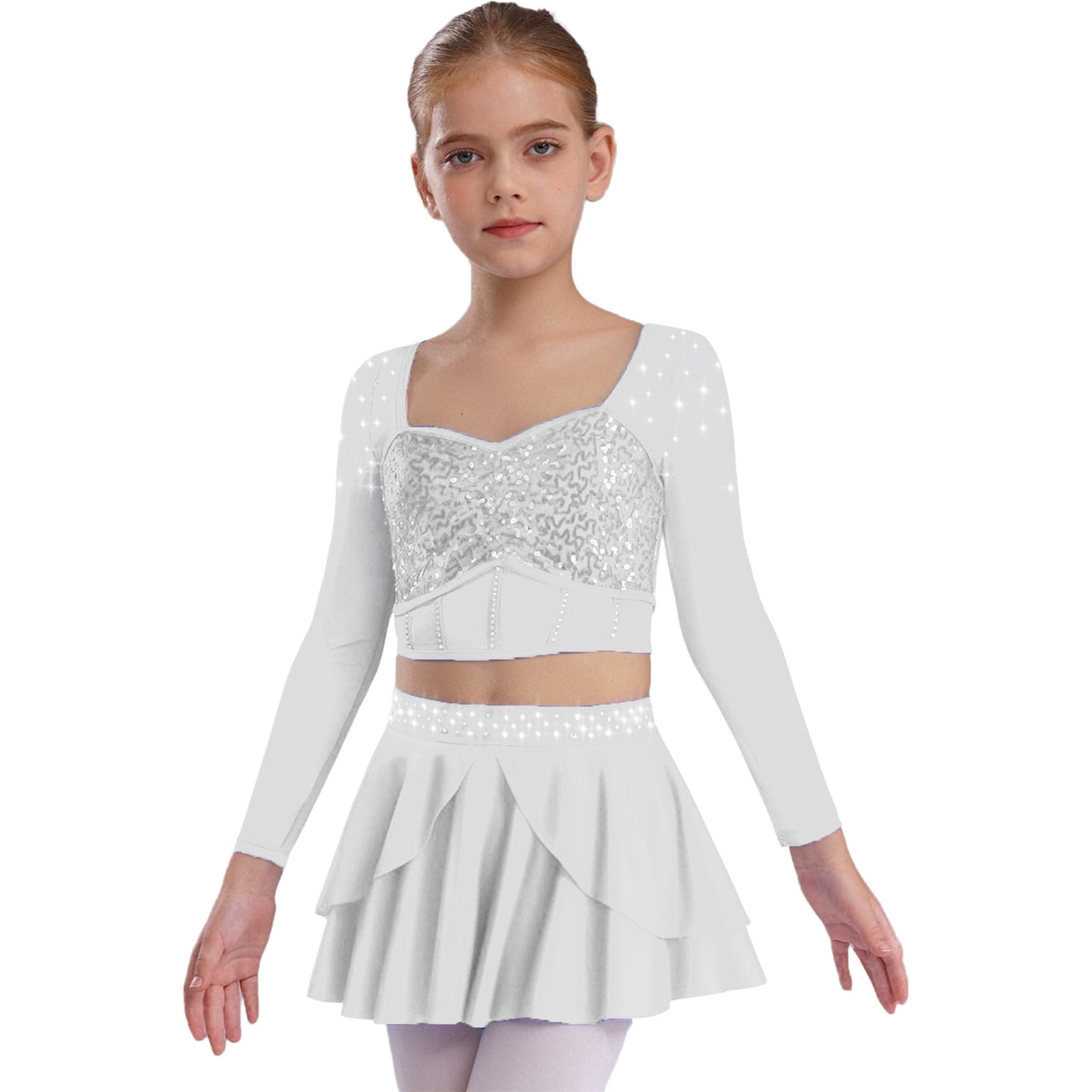 YUUMIN Girls Sparkly Ballet Jazz Dance Outfit Lyrical Dance Dress Sheer ...