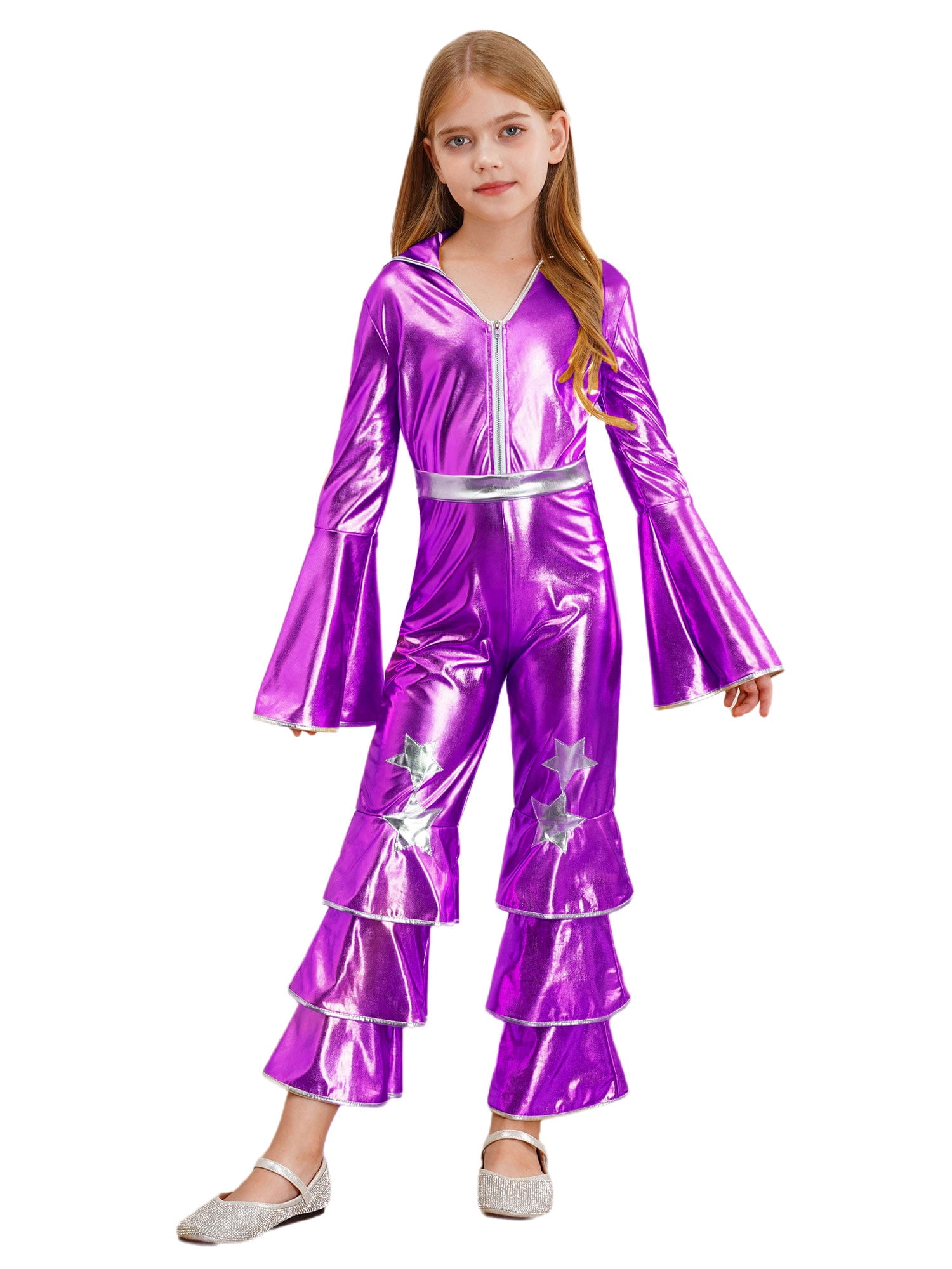 YUUMIN Kids Girls 90s Hippie Dance Jumpsuits Shiny Metallic Overall ...