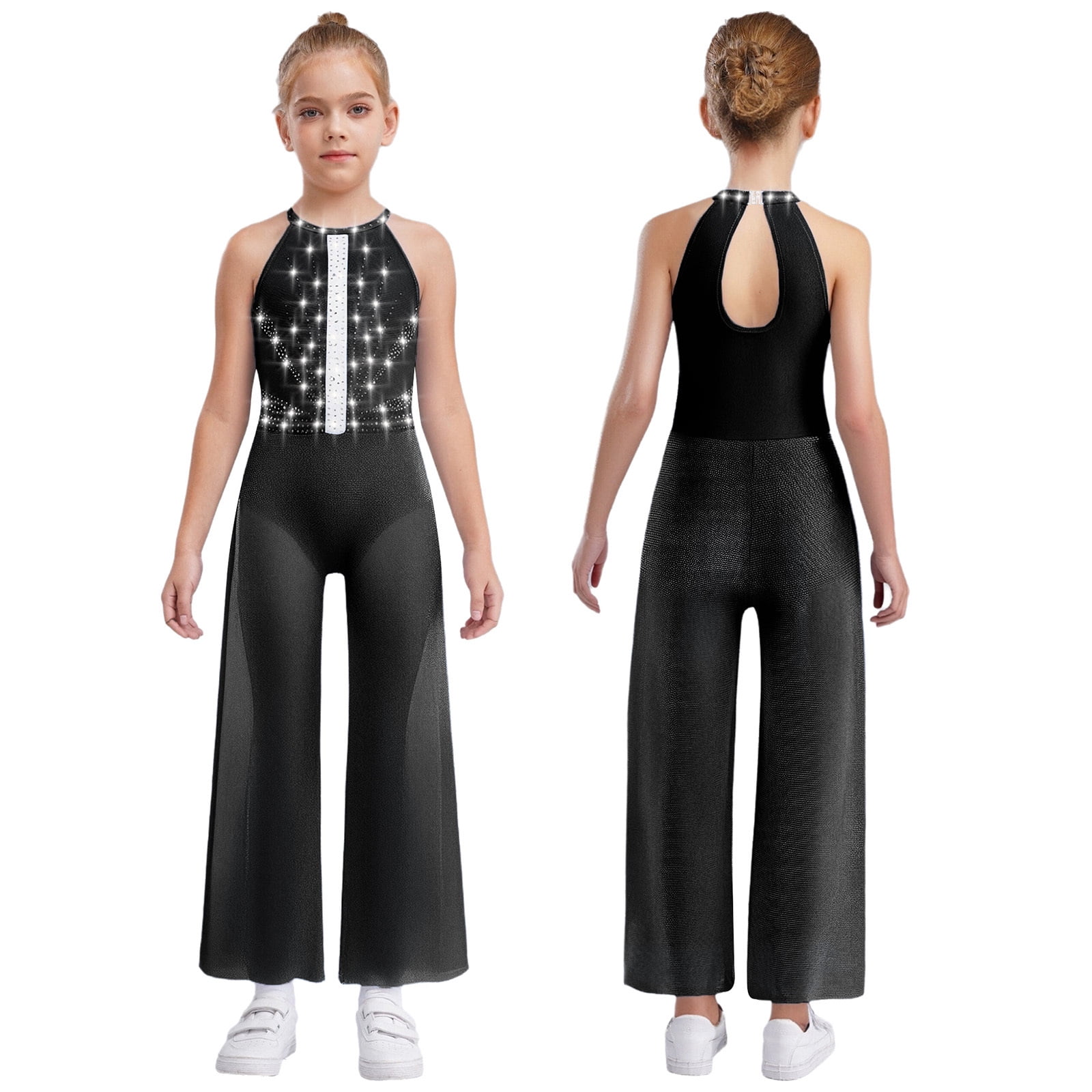 YUUMIN Kids Girls Shiny Rhinestone Sleeveless Wide Leg Jumpsuit Gymnastics Dance Bodysuit ...