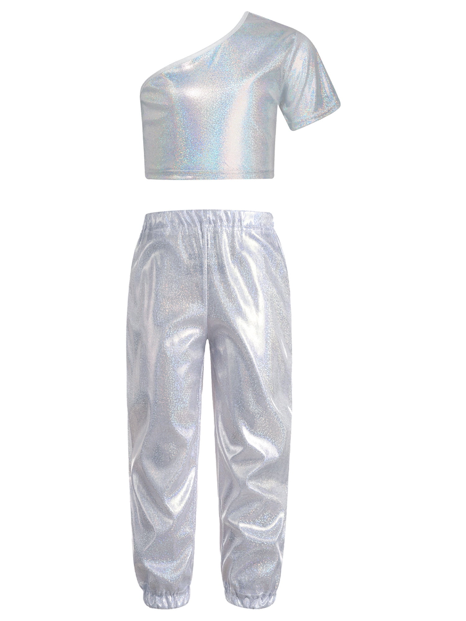 YUUMIN Kids Girls Hip Hop Jazz Dance Outfit Shiny Metallic Crop Tops ...