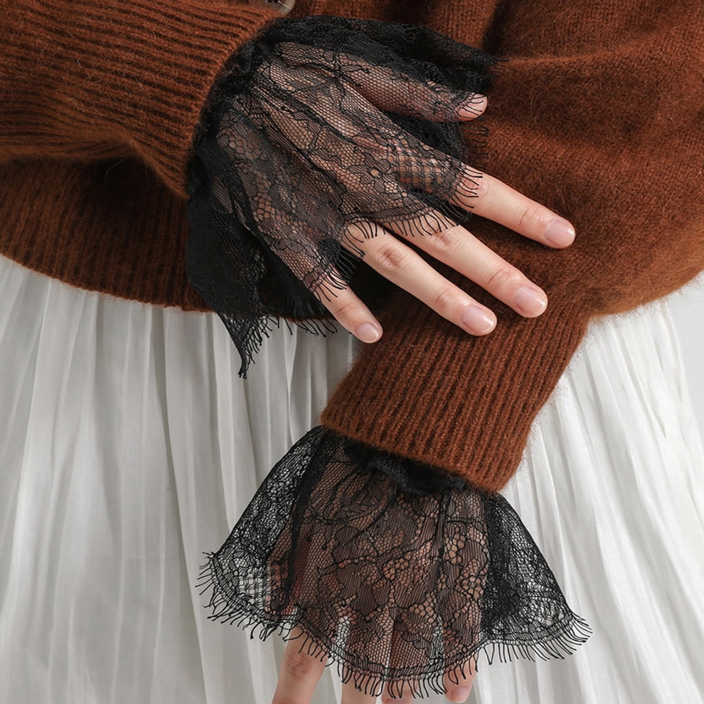 YUUZONE Lace Floral Pleated Sleeve False Cuffs White Black Sleeve ...