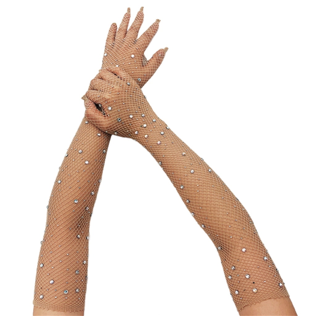 YUUZONE Rhinestones Long Gloves Fishnet Long Gloves Women Mesh Long ...
