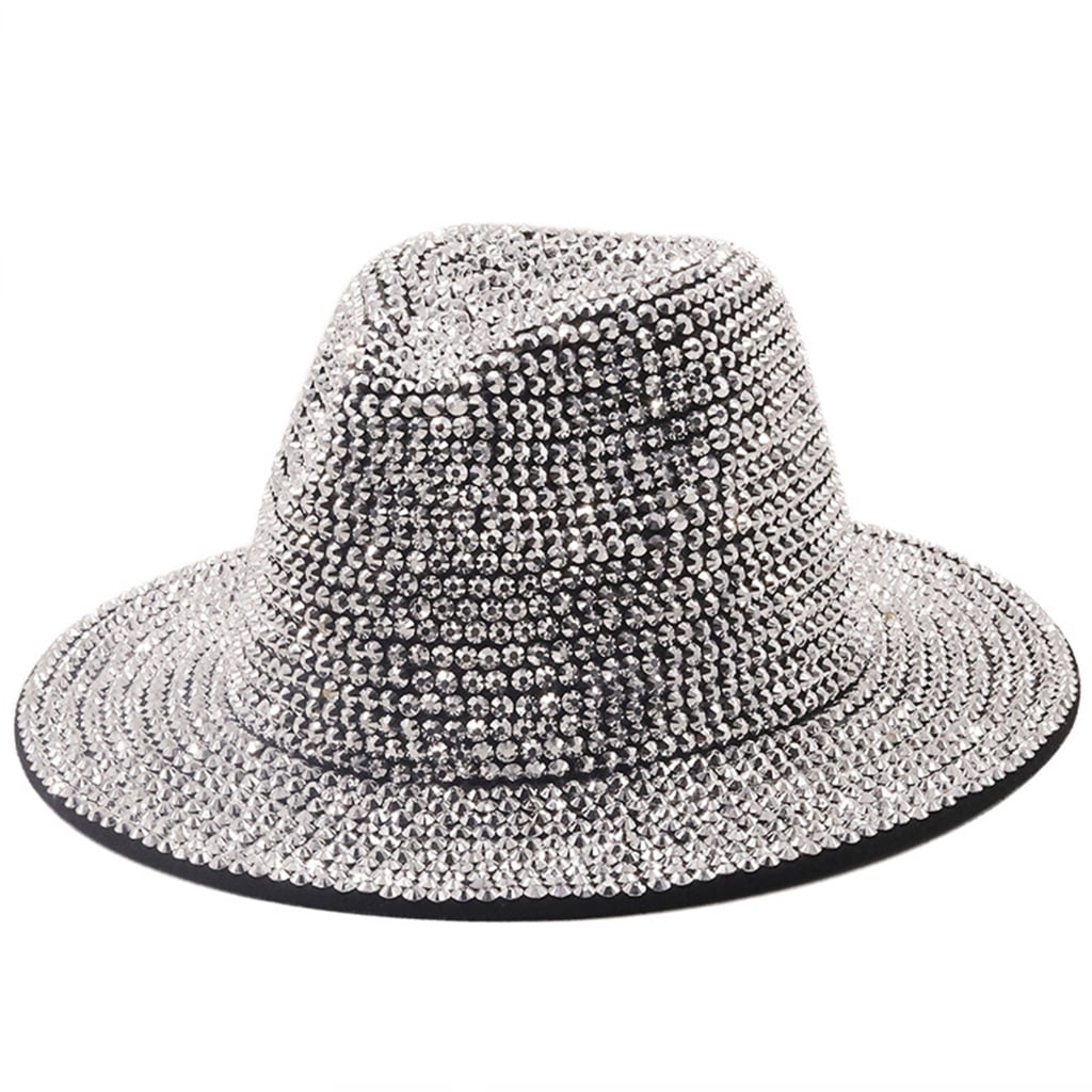 YUUZONE Wide Brim Fedora Hat for Woman Full Rhinestone Felt Top Hats ...