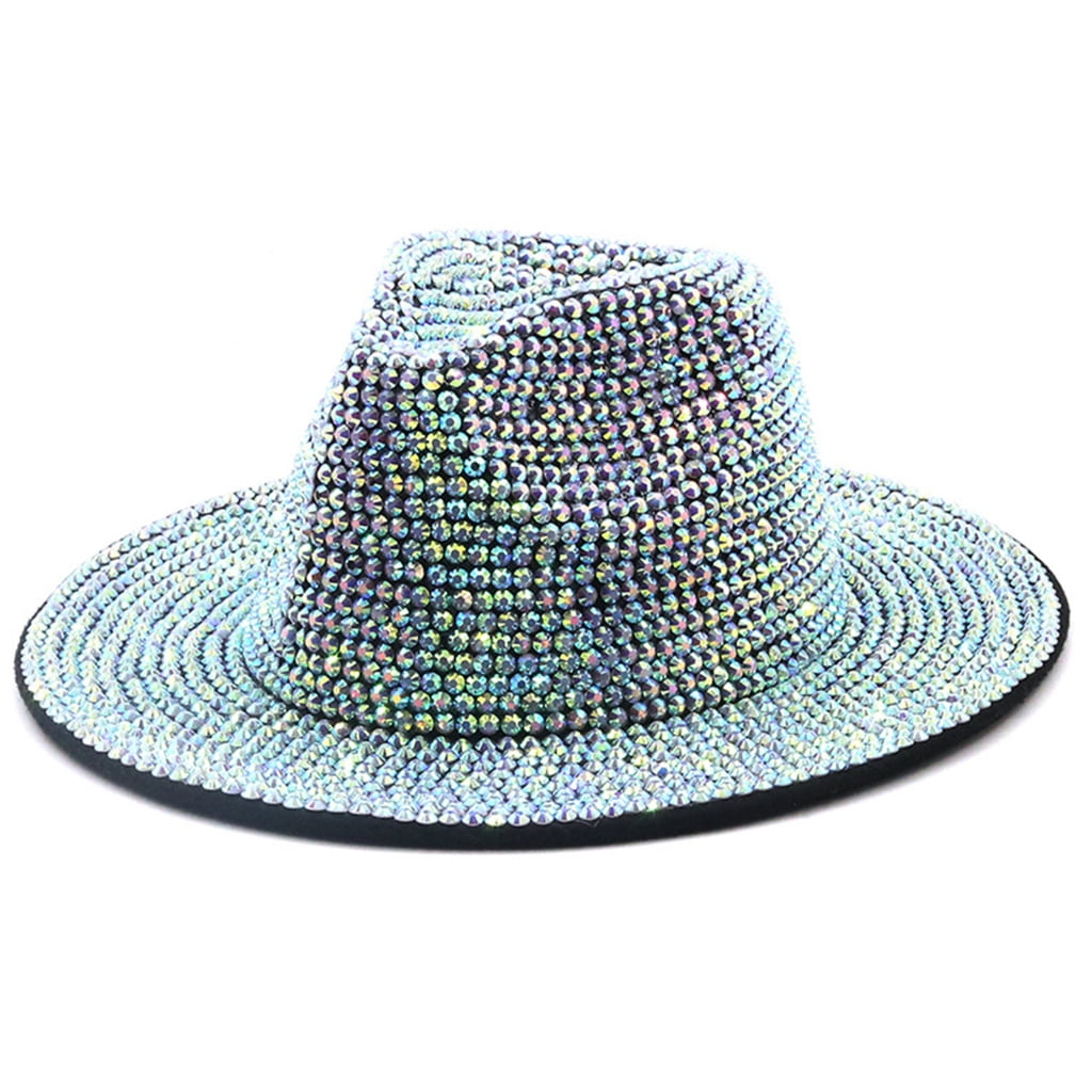 YUUZONE Wide Brim Fedora Hat for Woman Full Rhinestone Felt Top Hats ...