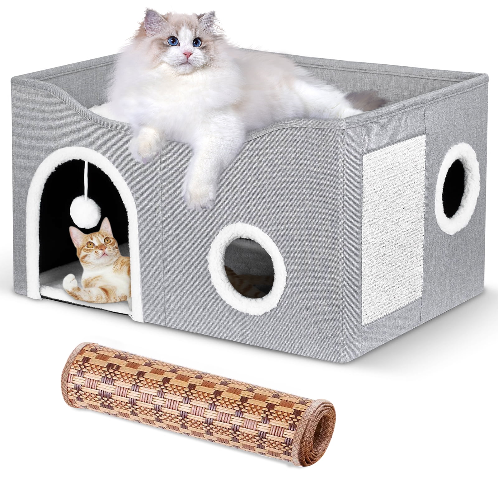 YUWENUS Large Indoor Cat House with 2 Cushions, Ball Hanging, and ...