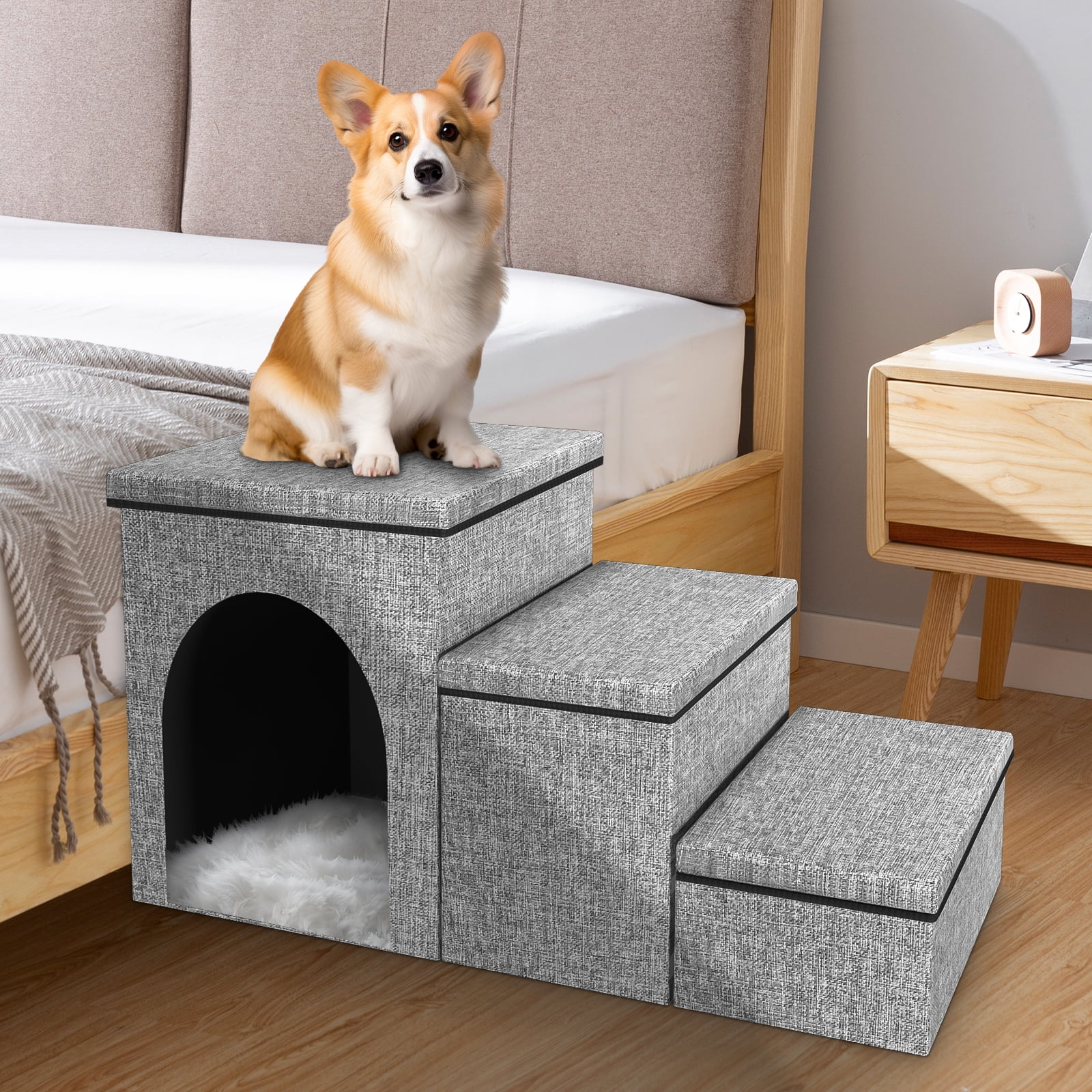 "YUWENUS Collapsible 3-Step Dog Stair with Storage, 17"" Folding Ramp ...