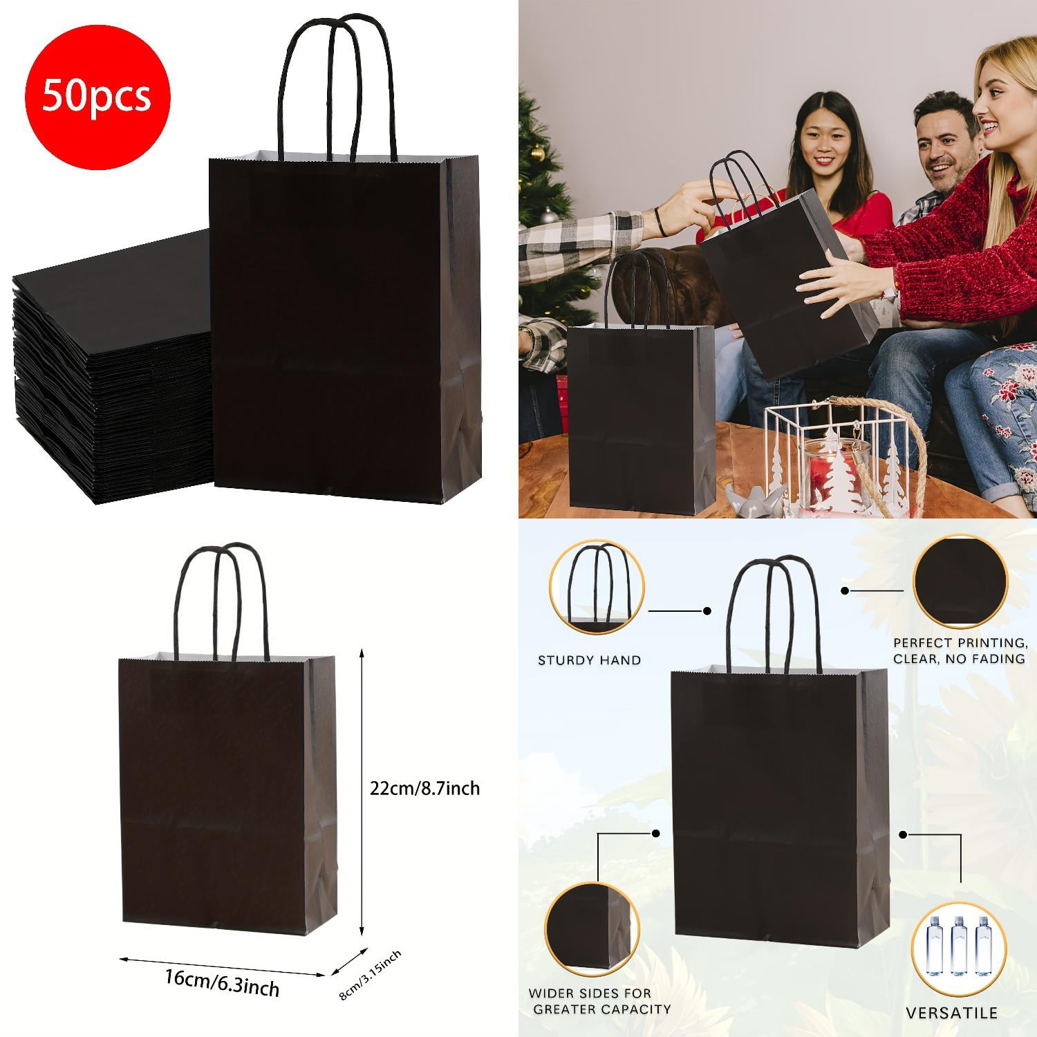 YUXAOJZ 50 Pack Versatile Durable Eco-Friendly Black Paper Gift Bags ...