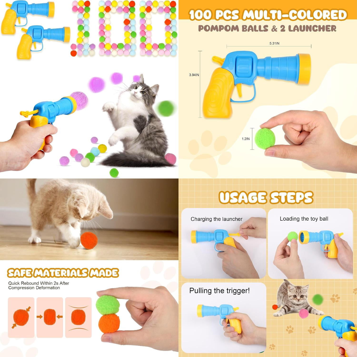 YUXAOJZ Comfy and Durable Soft Cat Toy Balls with Launchers Set (2+100 ...