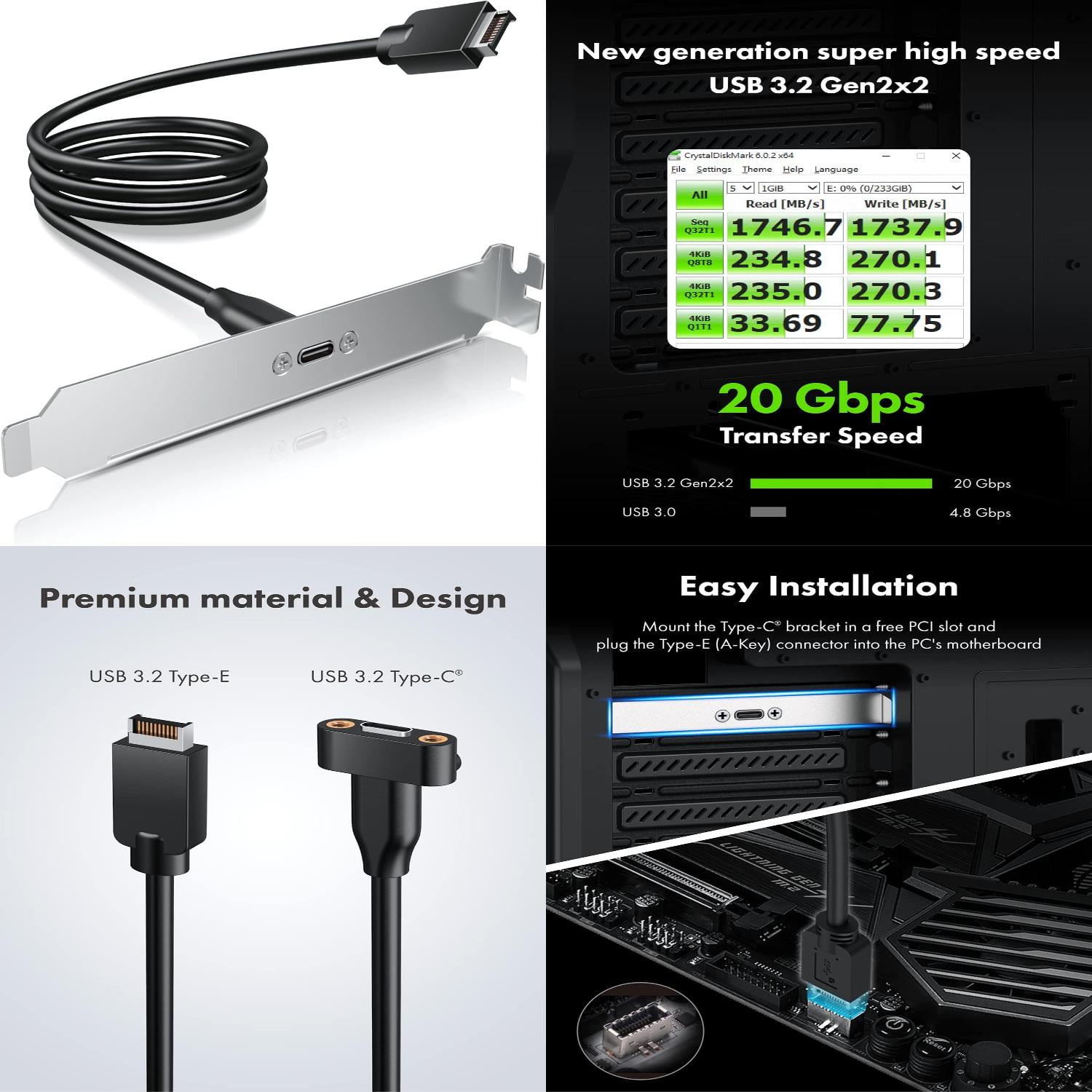 YUXAOJZ High-Speed 20Gbps USB 3.2 Gen 2x2 USB-C Front Panel Adapter with Motherboard Header ...