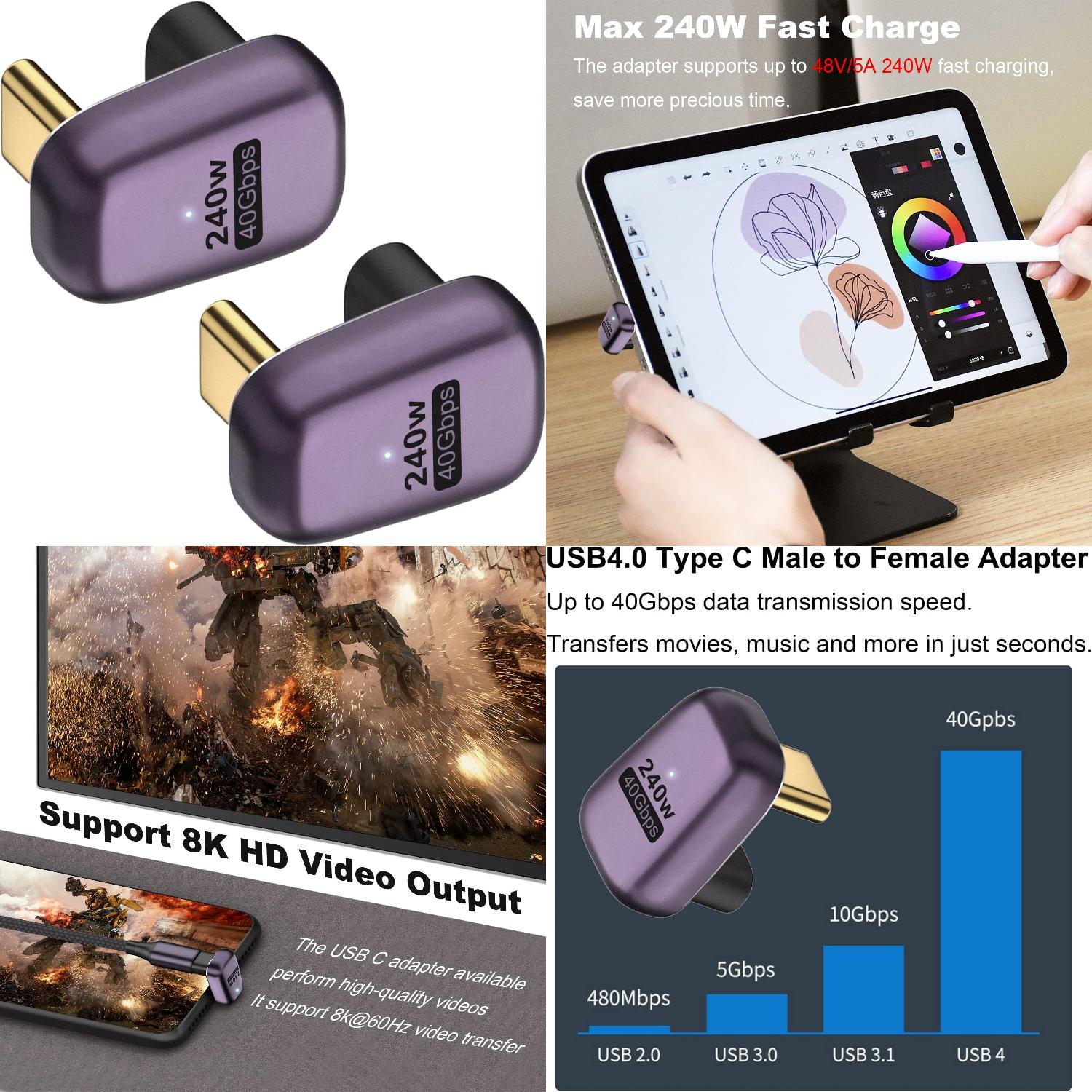 YUXAOJZ High Speed 240W 180 Degree Adapter (2 Pack) for Thunderbolt ...