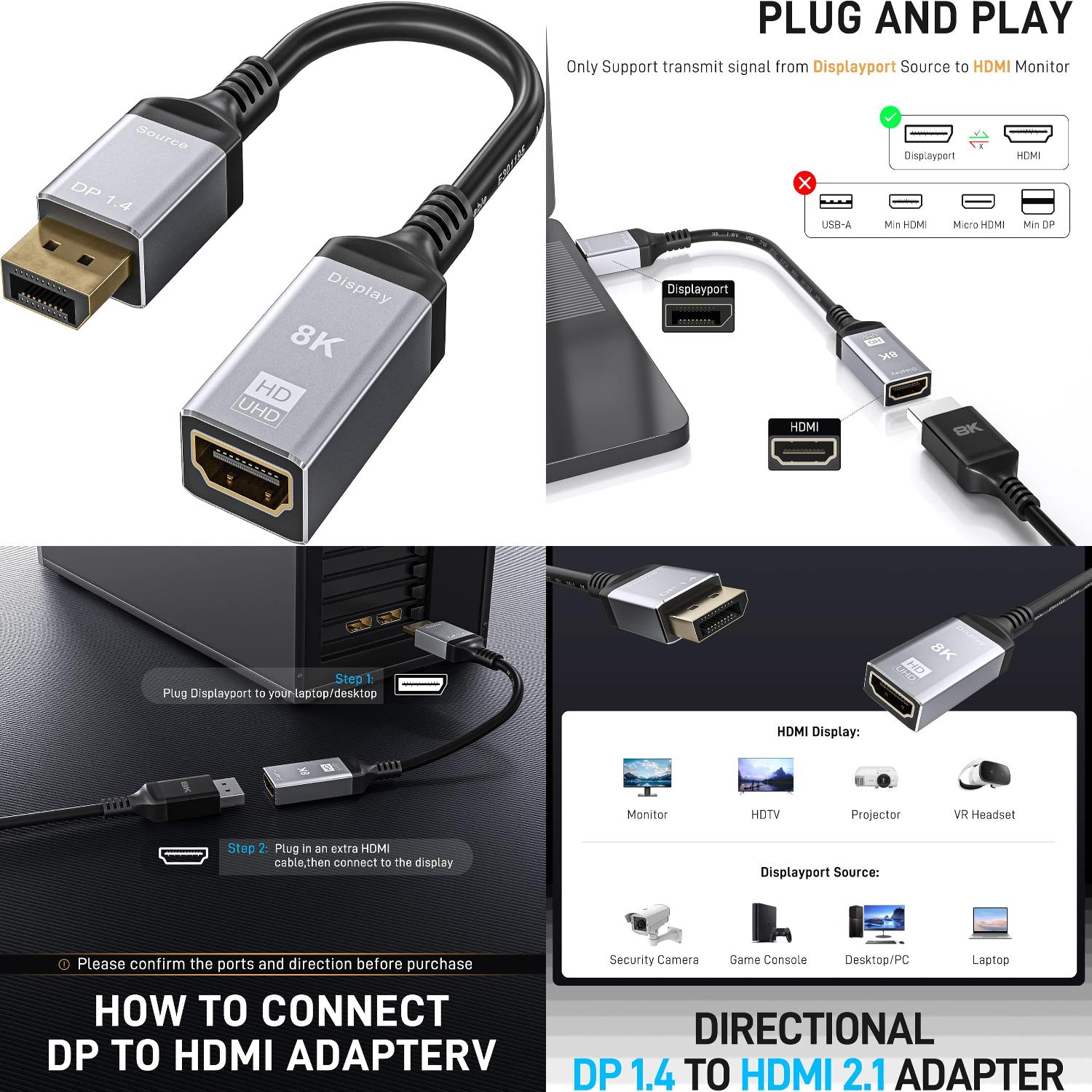 YUXAOJZ Highly efficient 8K Active Displayport to 2.1 Adapter for DP 1. ...