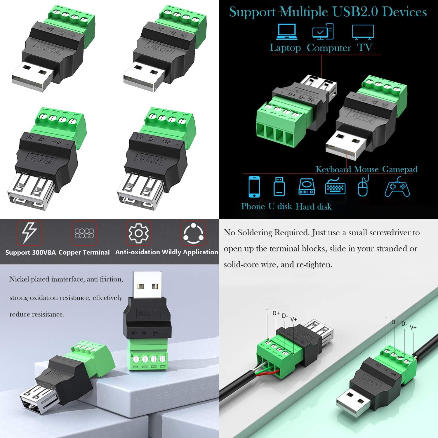 YUXAOJZ Portable USB 2.0 Type A Female to 4 Pin Screw Terminal Block ...