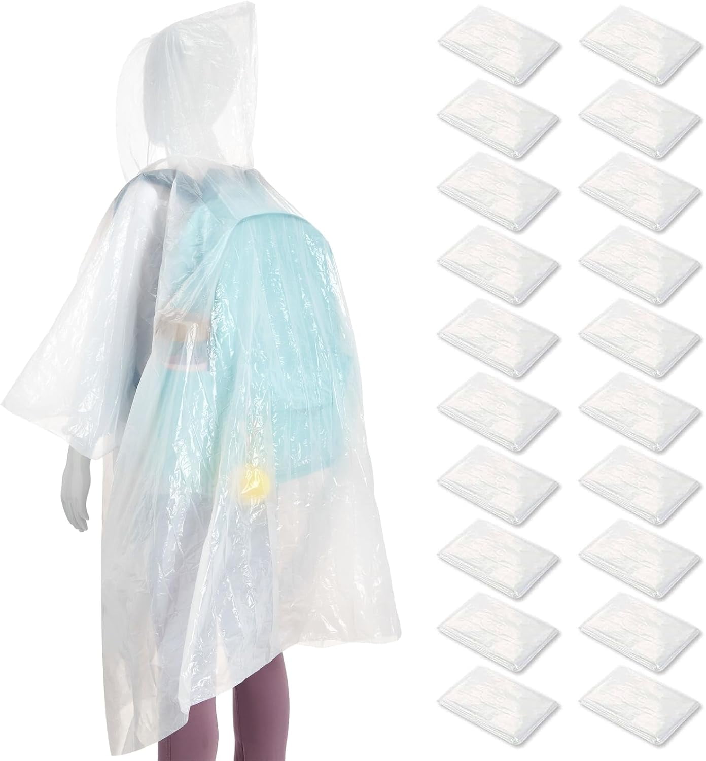 YUXNET 20-Pack Disposable Rain Ponchos for Kids - Emergency Plastic Raincoats with Hood for Boys ...