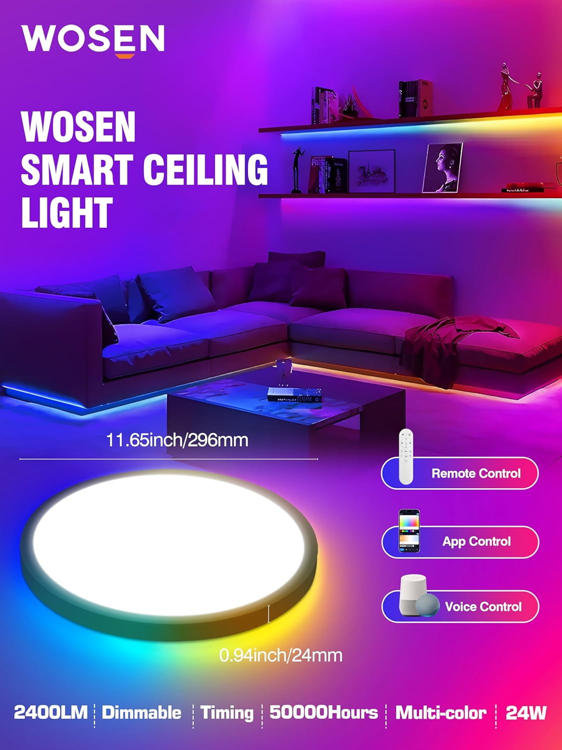 YUYAN-1 Pack 12 Inch RGB LED Flush Mount Ceiling Light with Night Light ...