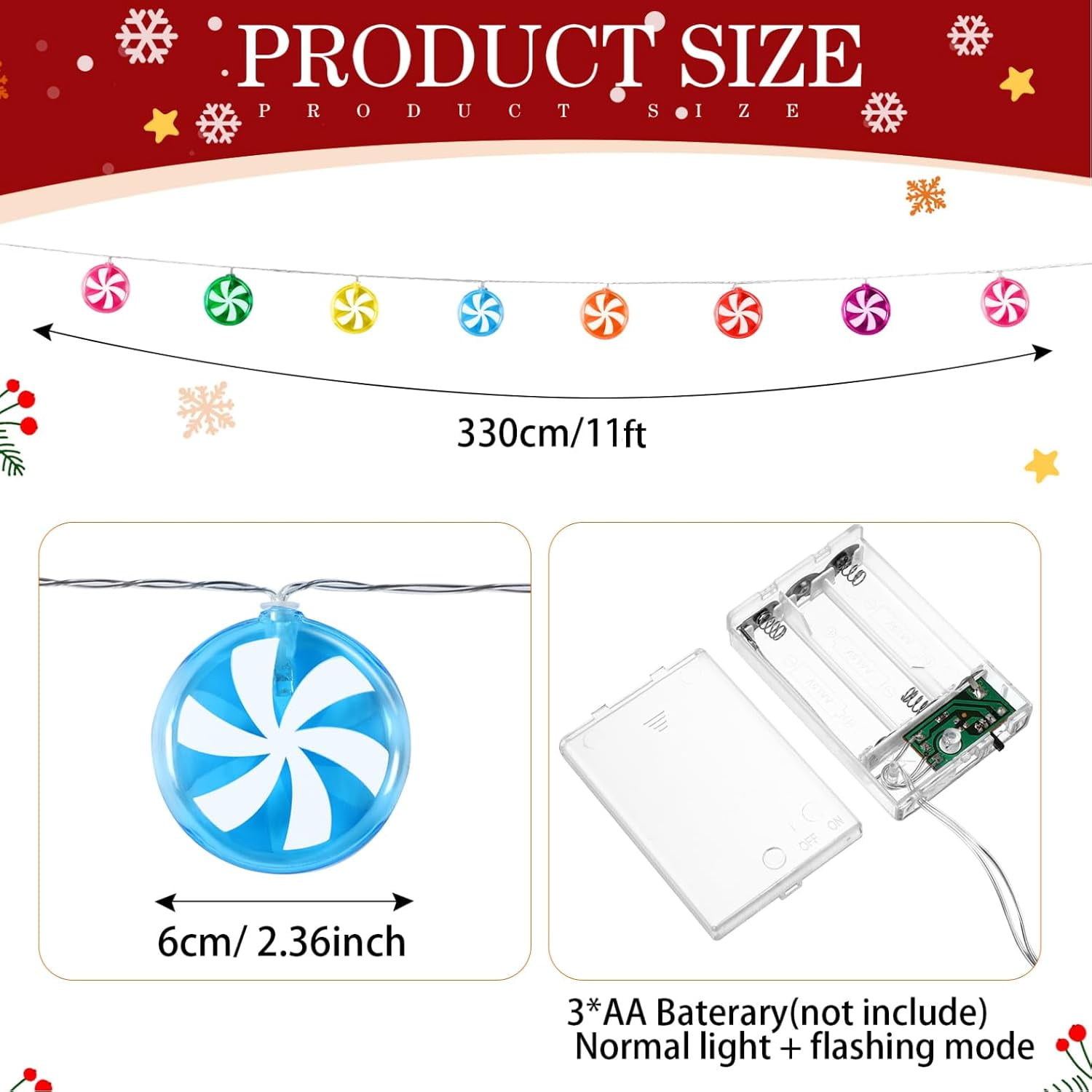 YUYAN-1 Pcs 11 ft Christmas Candy String Lights Decoration 21 LED ...