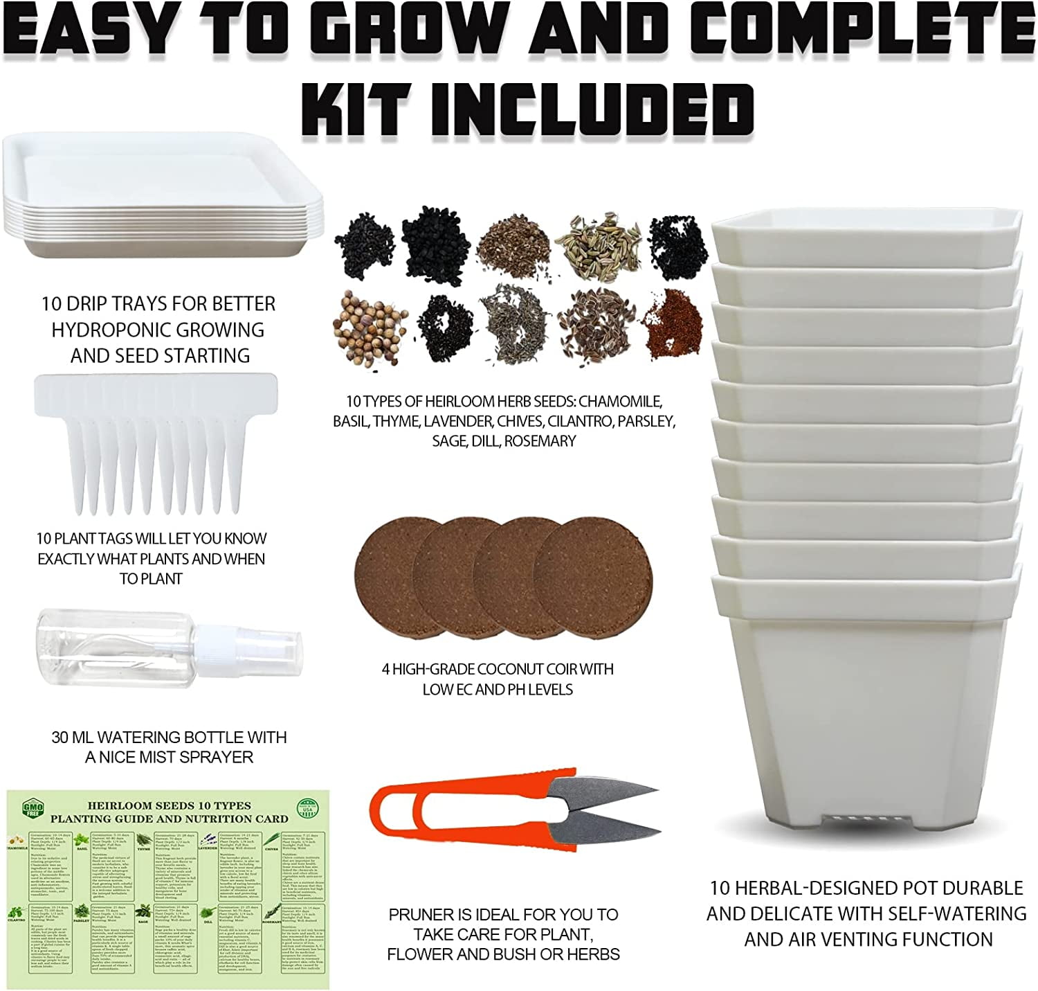 YUYAN-10 Herb Seeds Garden Starter Grow Kit with White Pots, Markers ...