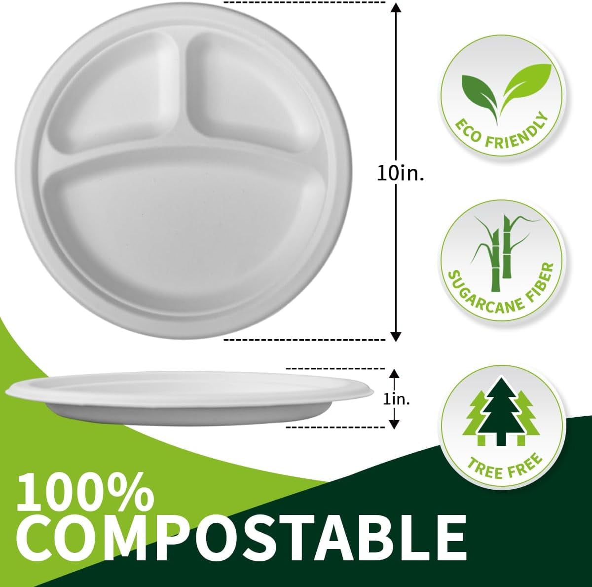 YUYAN-10 Inch 3 Compartment Paper Plates 【White 150 Pack】, Compostable ...