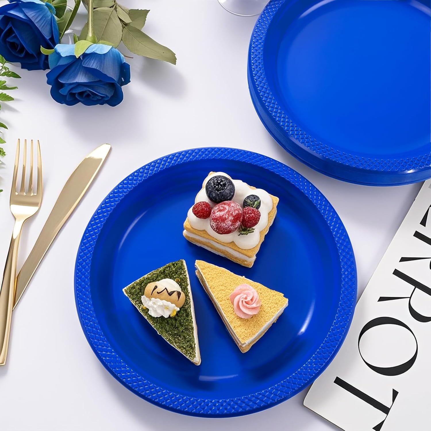 YUYAN-10 Inch Royal Blue Plastic Plates 50 Count Disposable Plate for ...