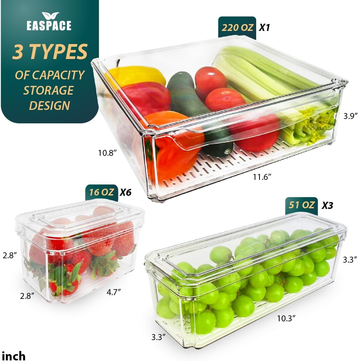 YUYAN-10-Pack Clear Fridge Organizer Bins with Lids & Drainage Holes ...