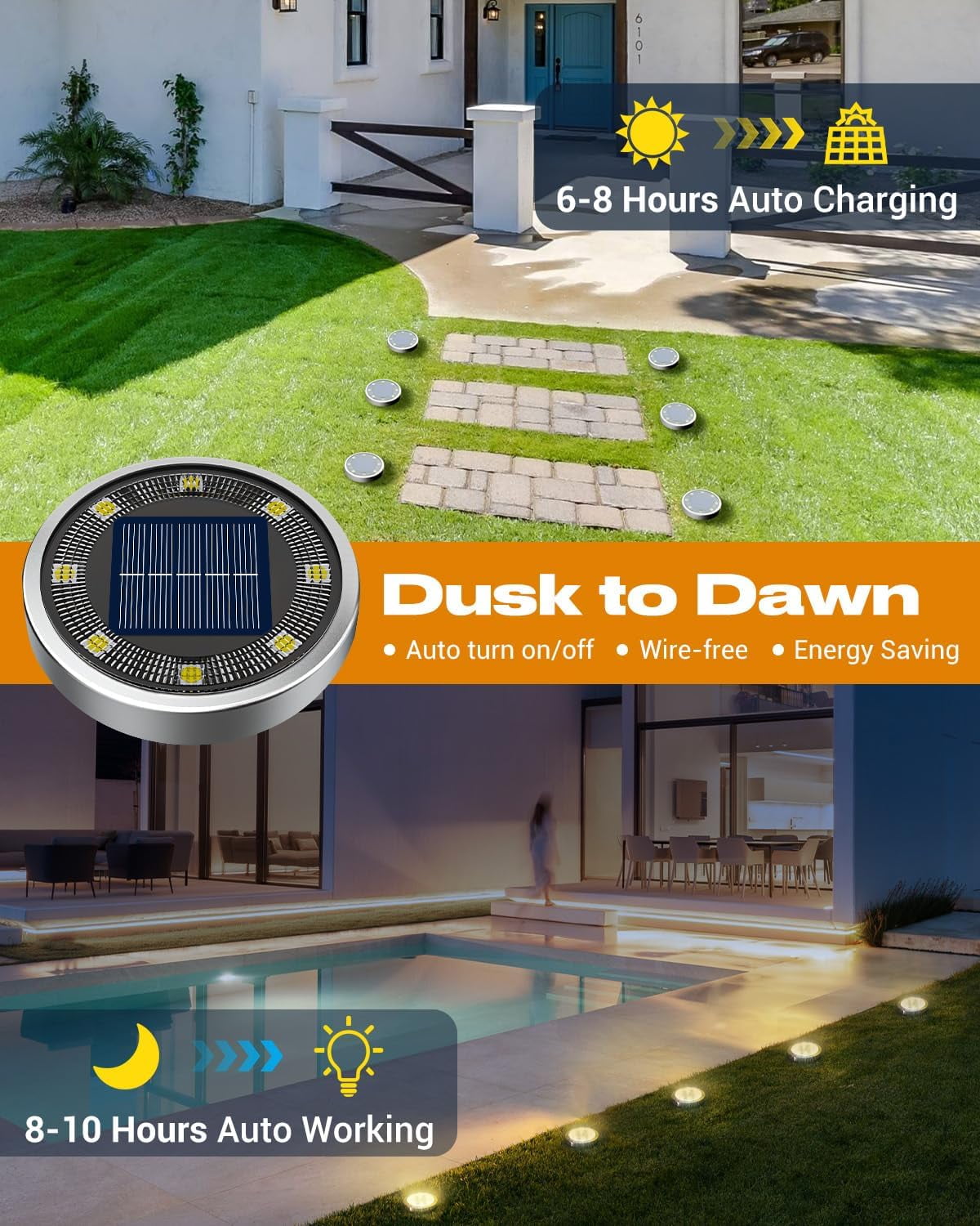 YUYAN-10 Pack Solar Ground Lights Outdoor, 8 LED Solar Disc Lights IP65 ...