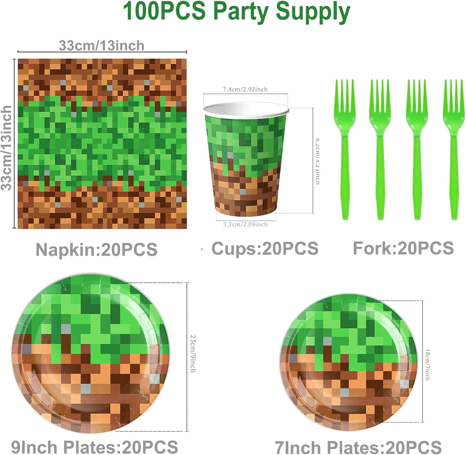 YUYAN-100 PCS Pixel Gaming Party Supplies Set - Including Plates, Cups ...