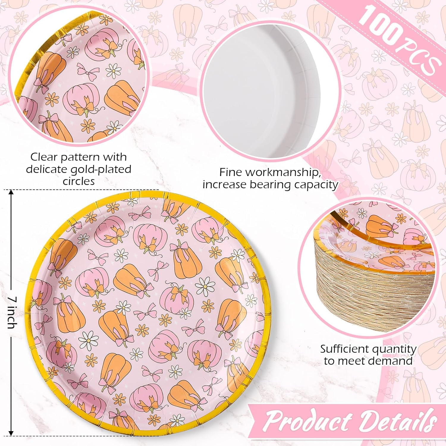 YUYAN-100 Pcs Fall Pink Pumpkin Paper Plates 7 Inch Autumn Plates Gold ...