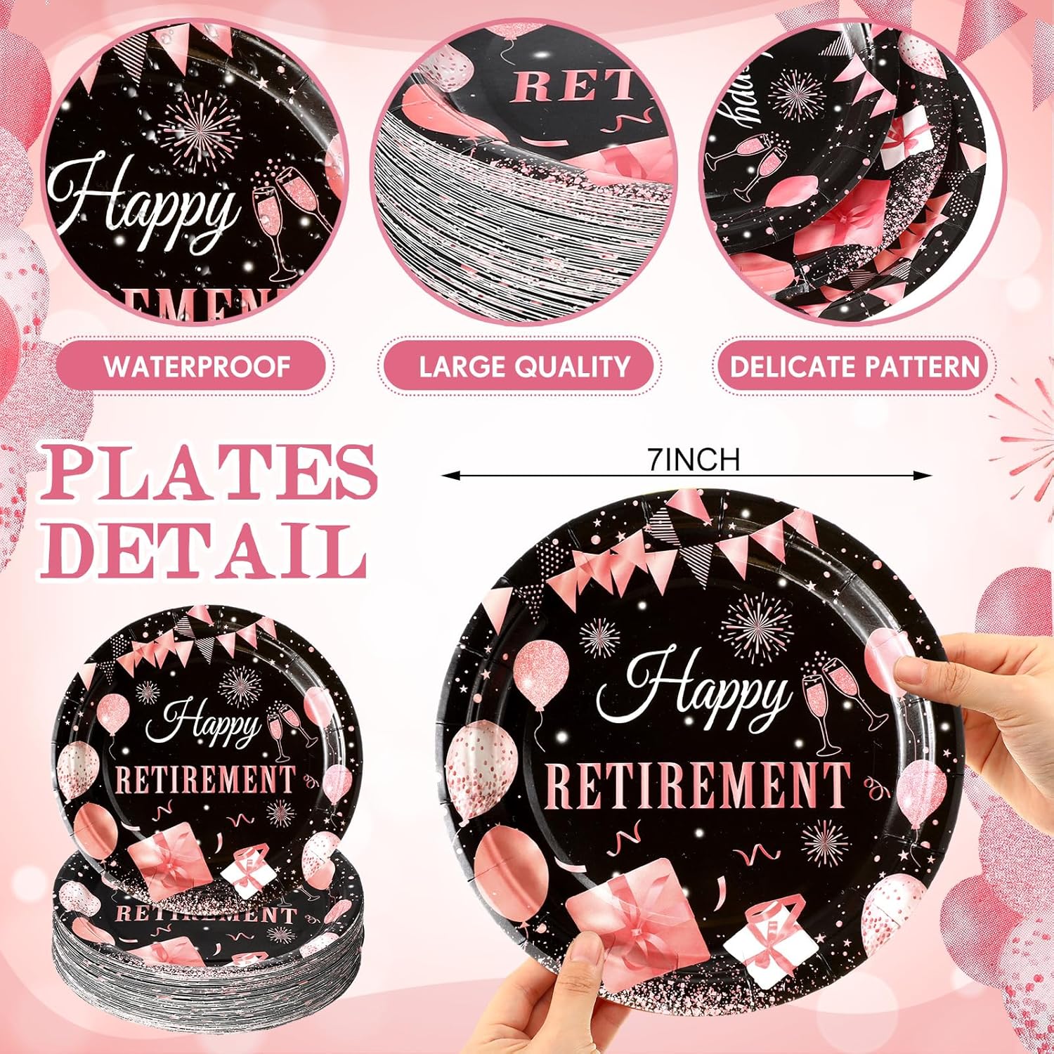 YUYAN-100 Pcs Retirement Paper Plates Rose Gold and Black Happy ...