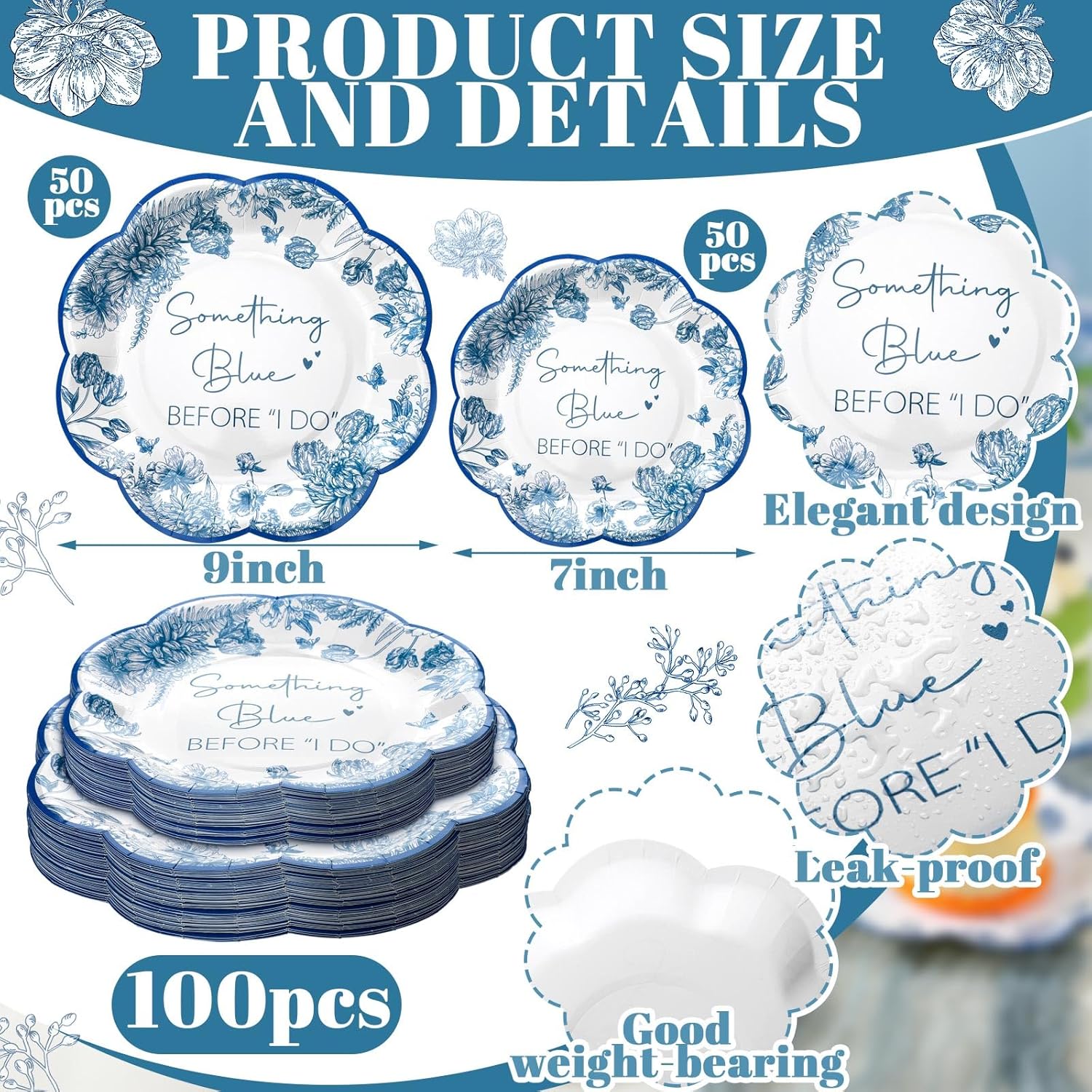 YUYAN-100 Pcs Something Blue Before I Do Paper Plates Blue Floral ...