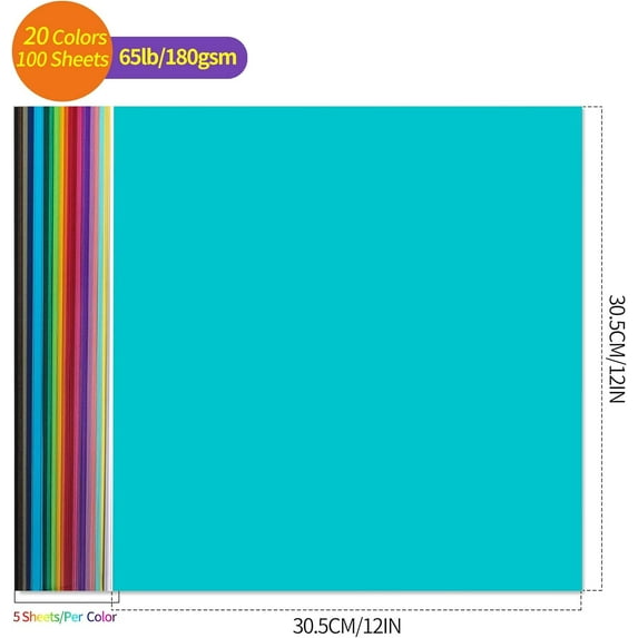 YUYAN-100 Sheets Colored Cardstock - 20 Colors 12 x 12 inch Card stock for Paper Crafts ...