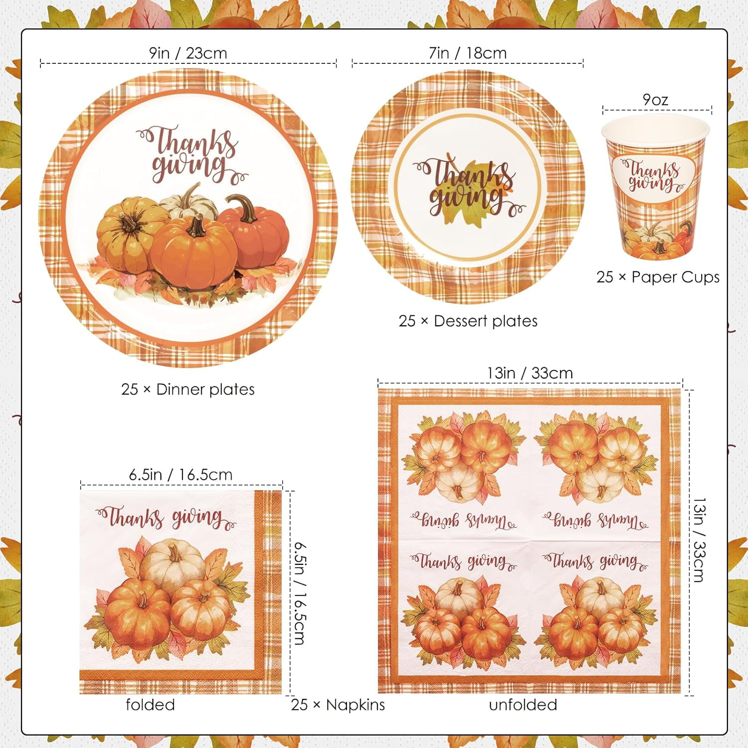 YUYAN-100 Thanksgiving Pumpkin Paper Plates, Napkins Cups Dinnerware ...