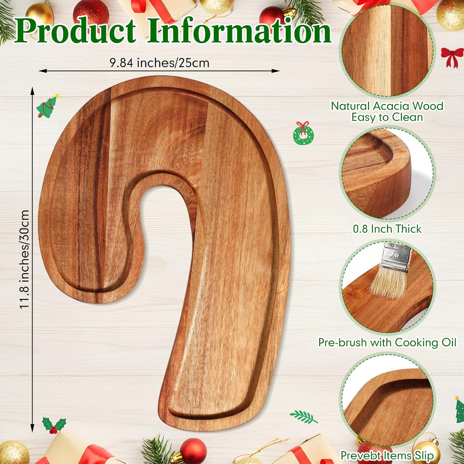 YUYAN-12" Candy Cane Shape Christmas Charcuterie Board Wooden Cutting ...