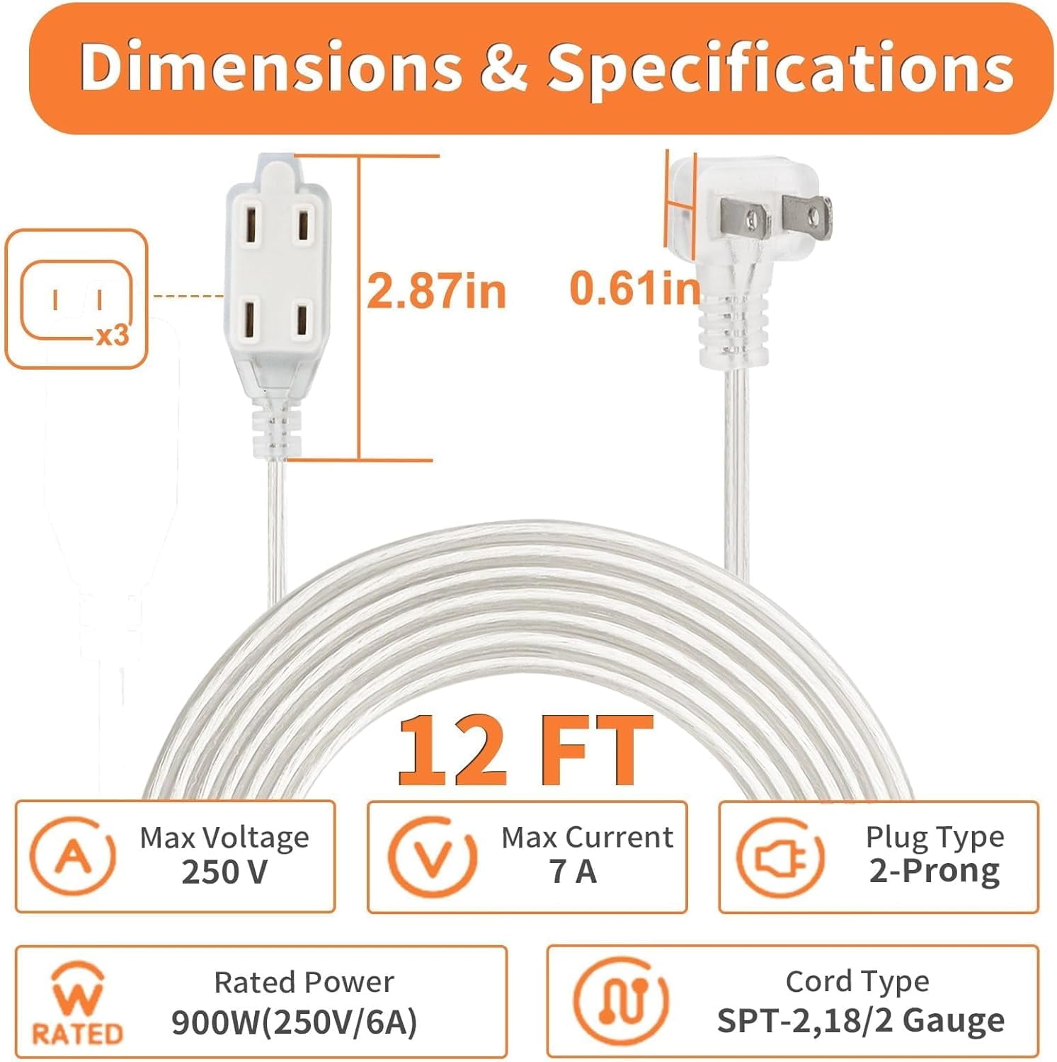 YUYAN-12 FT 3 Outlet Extension Cords 2 Pack, Clear Extension Cord with ...