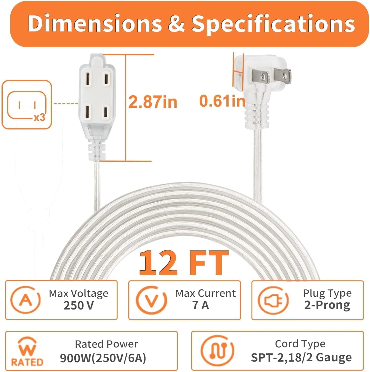 YUYAN-12 FT Clear Extension Cord, 3 Outlet Extension Cords with ...